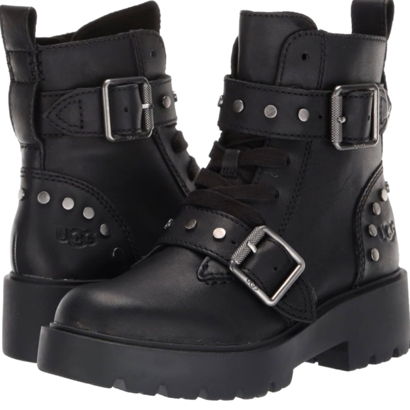 UGG | Shoes | Soldugg Zorrah Studs Womens Buckle Leather Black Combat ...